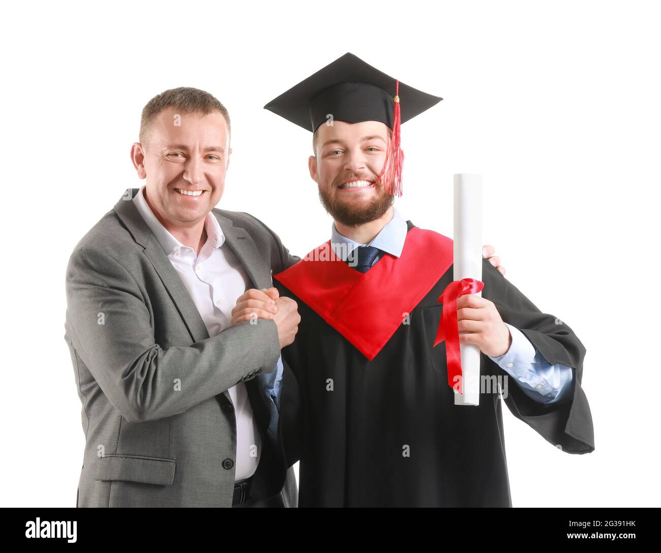 Happy male graduation student with his father on white background Stock ...