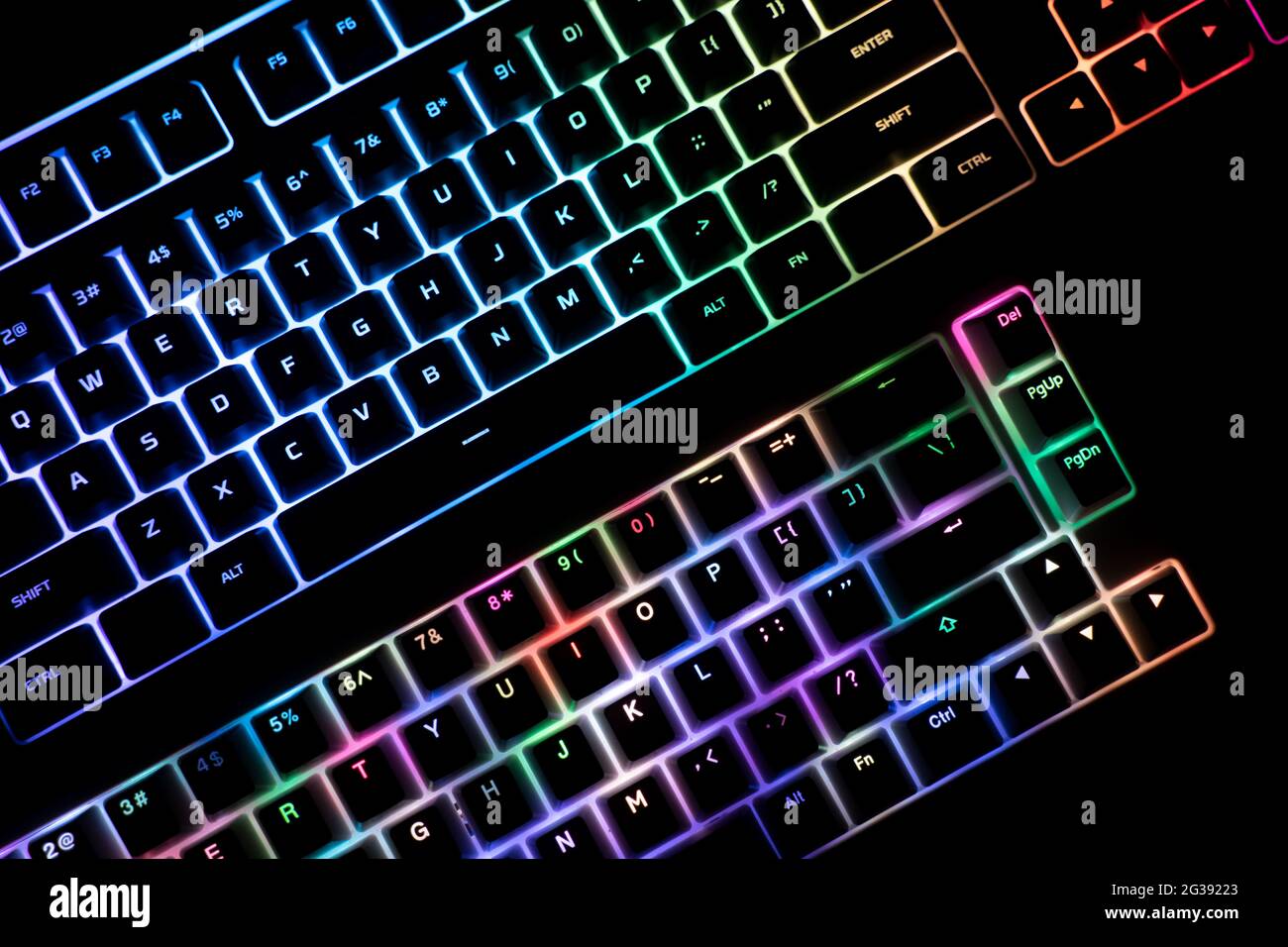 top view detail closeup of two illuminated mechanical gaming RGB ...