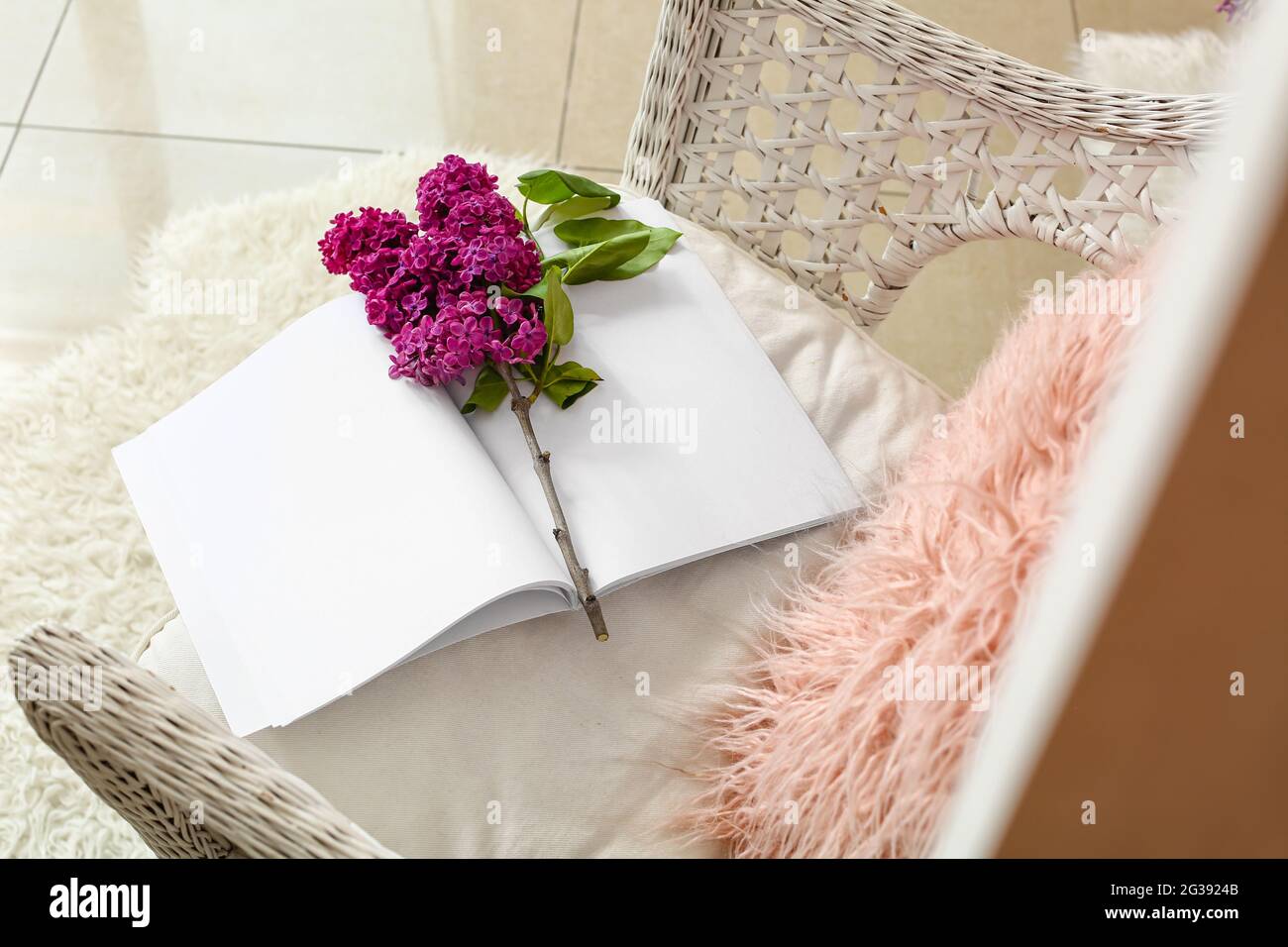 Armchair with blank book and lilac flowers in room Stock Photo - Alamy