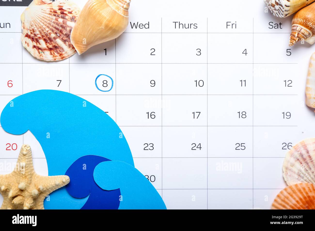 Calendar with marked date of World Ocean Day and sea shells Stock Photo ...