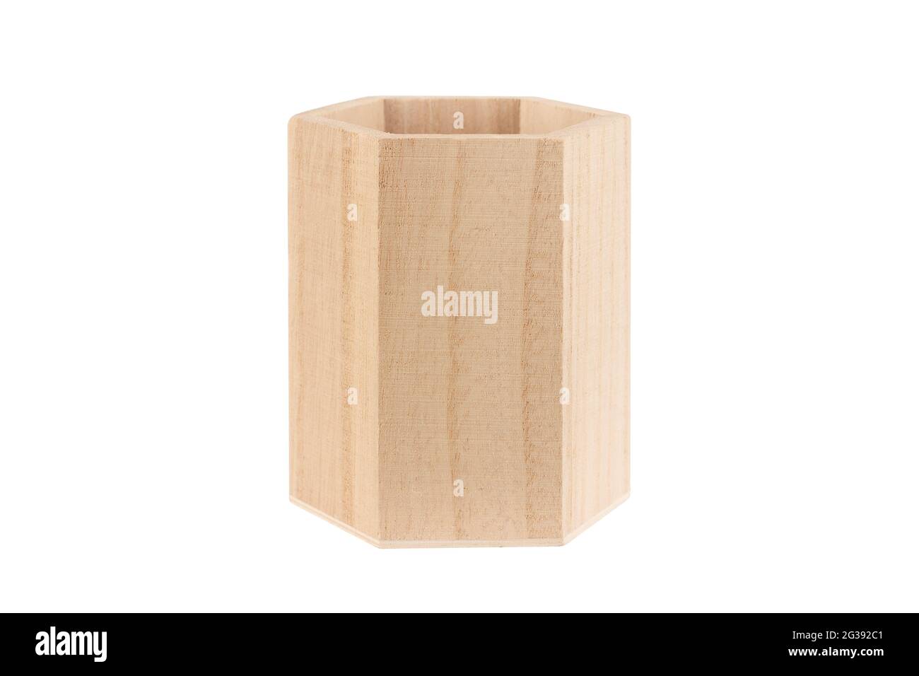 front view closeup of empty wooden hexagonal pencil desk holder ...