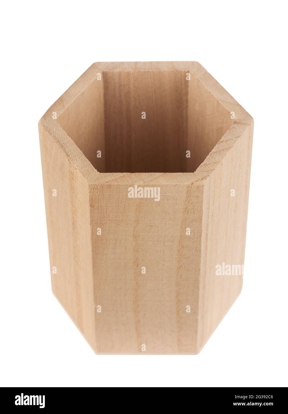 top view closeup of empty wooden hexagonal pencil desk holder isolated ...