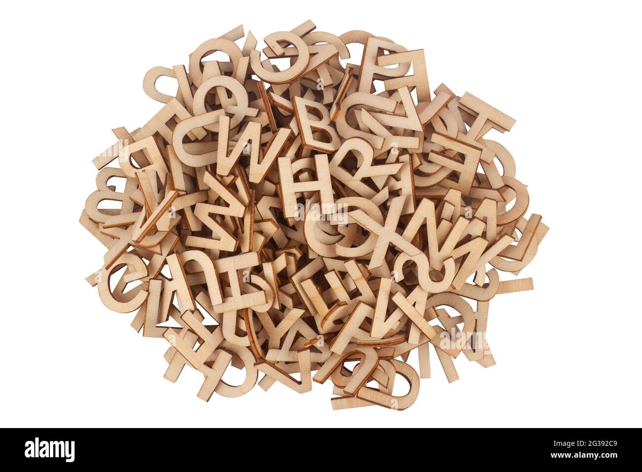 top view closeup detail of pile of wooden cut small alphabet letters ...