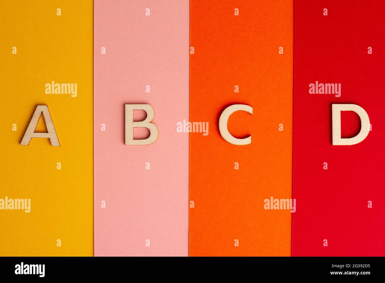 top view perspective closeup of A B C and D letters of the alphabet cut ...