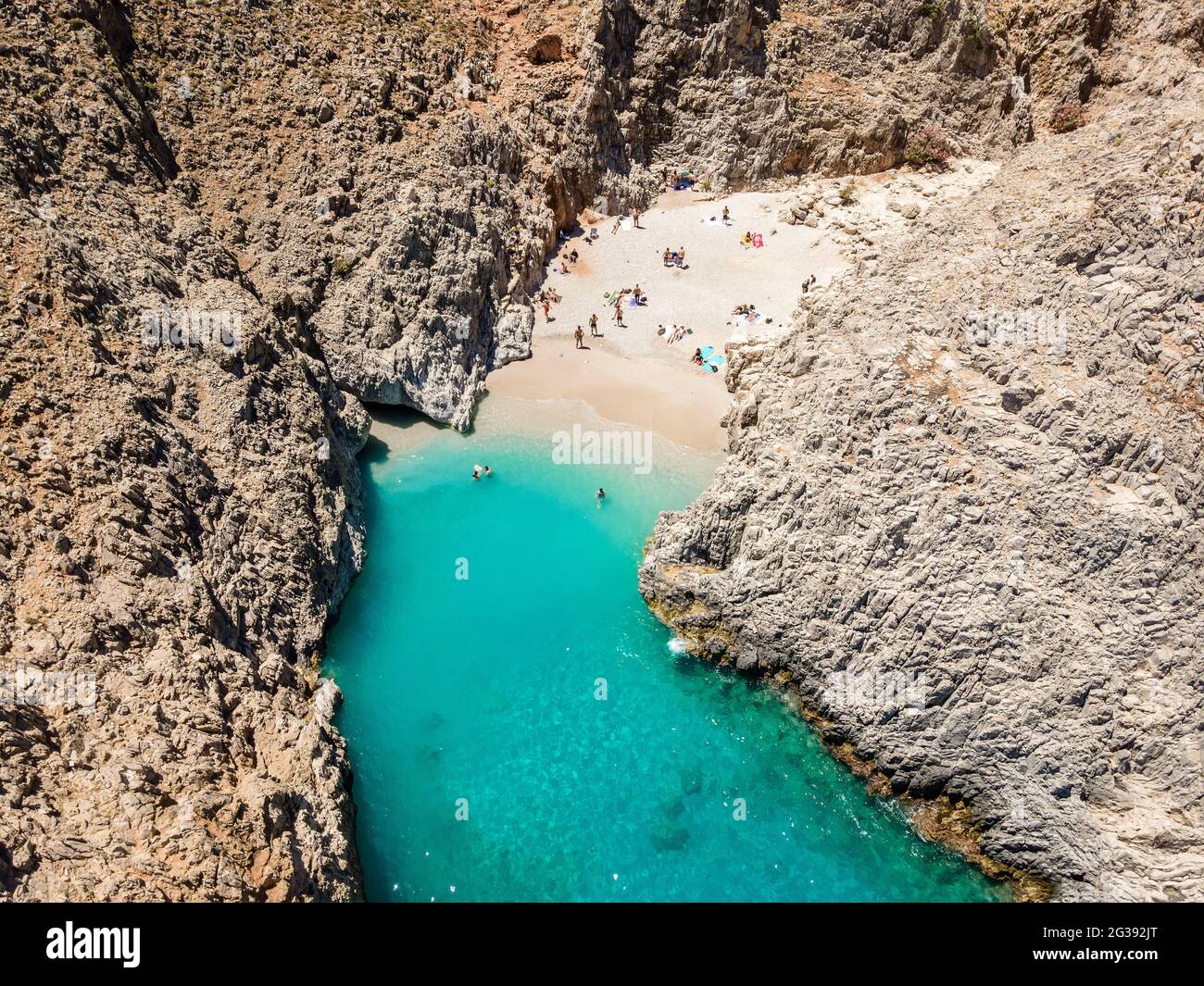 Aerial top view by drone of beach of Seitan Limania in bay with ...