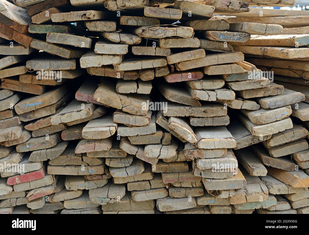 Pile of wooden planks used for construction on Liugong island, Weihai ...