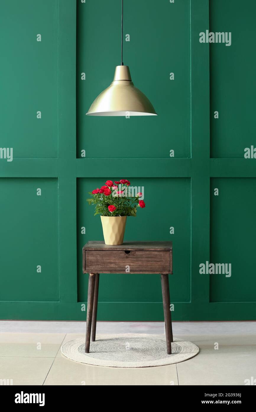 Beautiful red roses in pot on table near color wall Stock Photo - Alamy