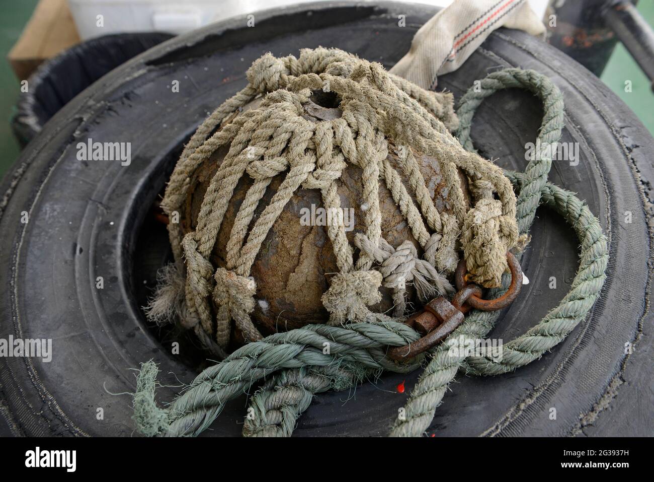 Buoy, rope and tyre on a ferry from Weihai to Liugong Island in ...
