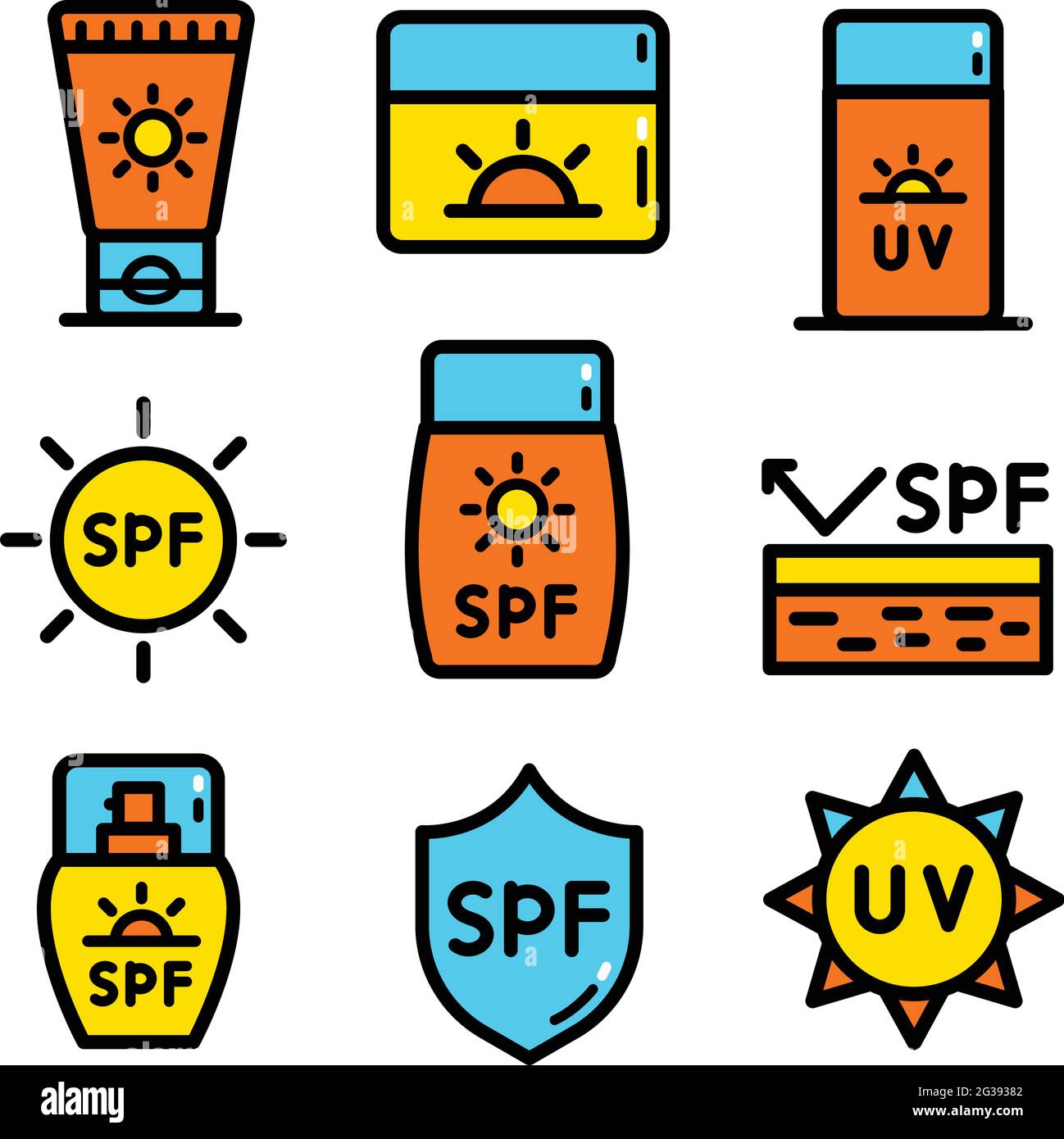 Sunscreen color simple icons set. Collection of vector symbol in trendy ...
