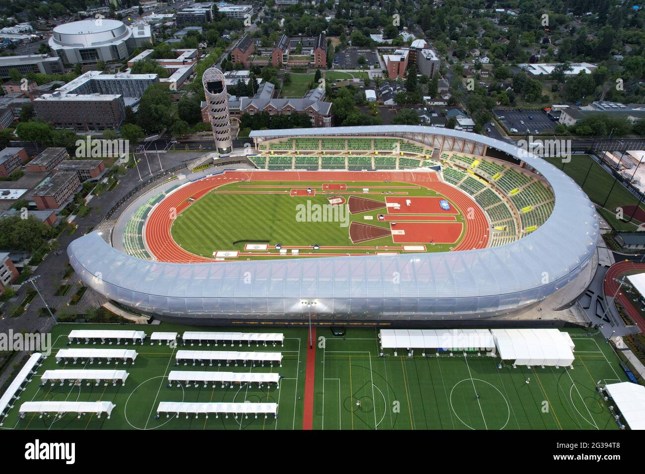 An aerial view of Hayward Field on the campus of the University of ...