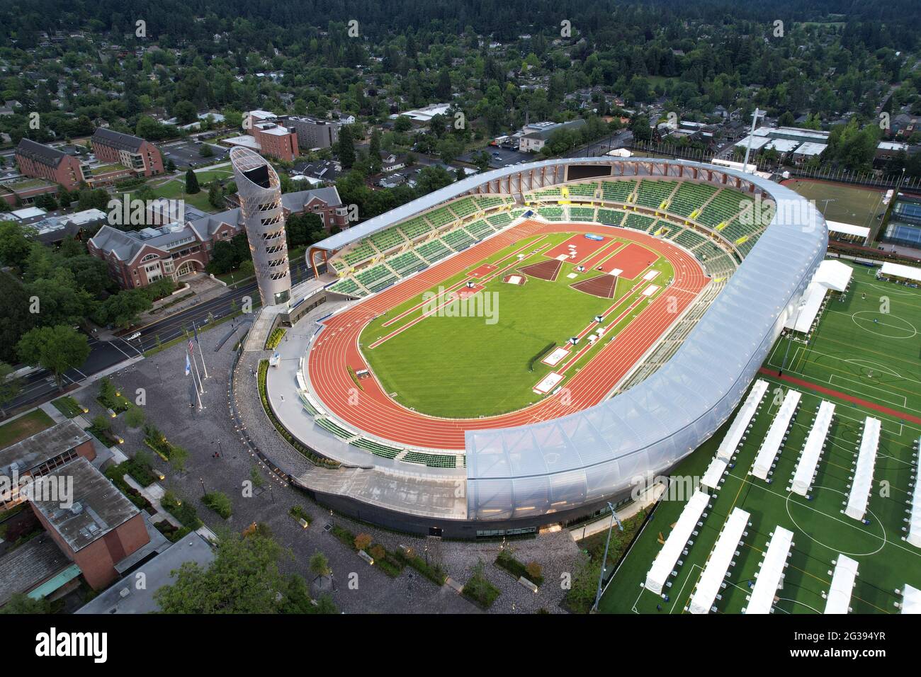 An aerial view of Hayward Field on the campus of the University of ...