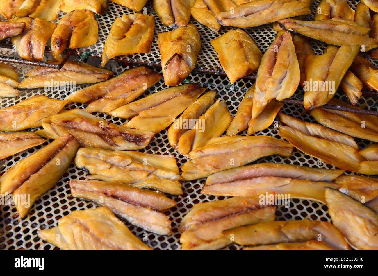 Dried fish fillets for sale at a street market in Yantai, Shandong ...