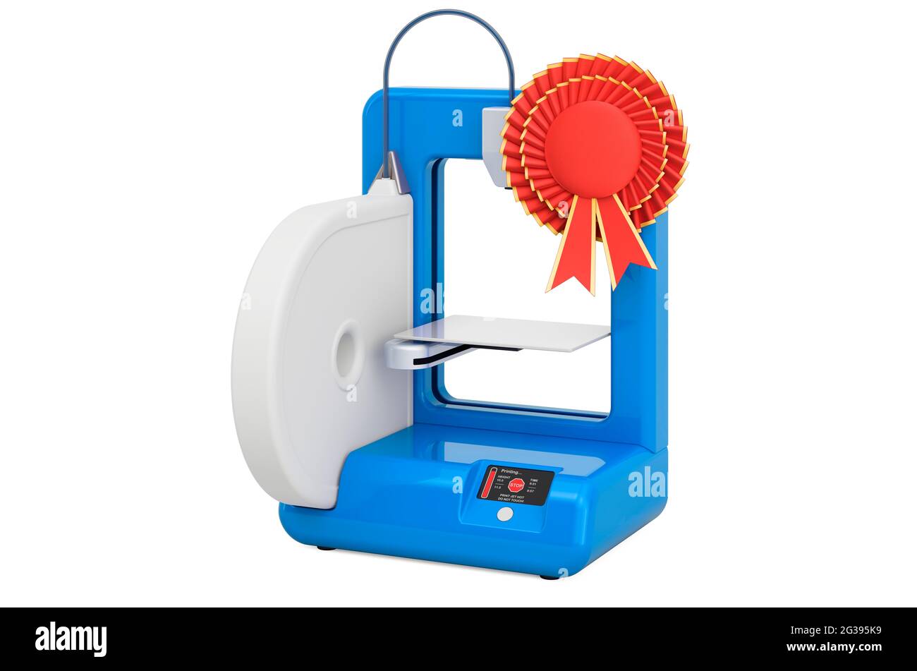 3D printer with best choice badge, 3D rendering isolated on white ...