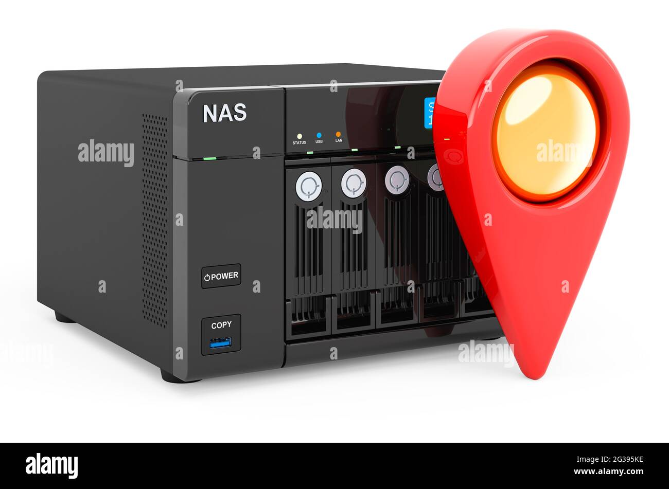 Map pointer with NAS, network-attached storage. 3D rendering isolated ...