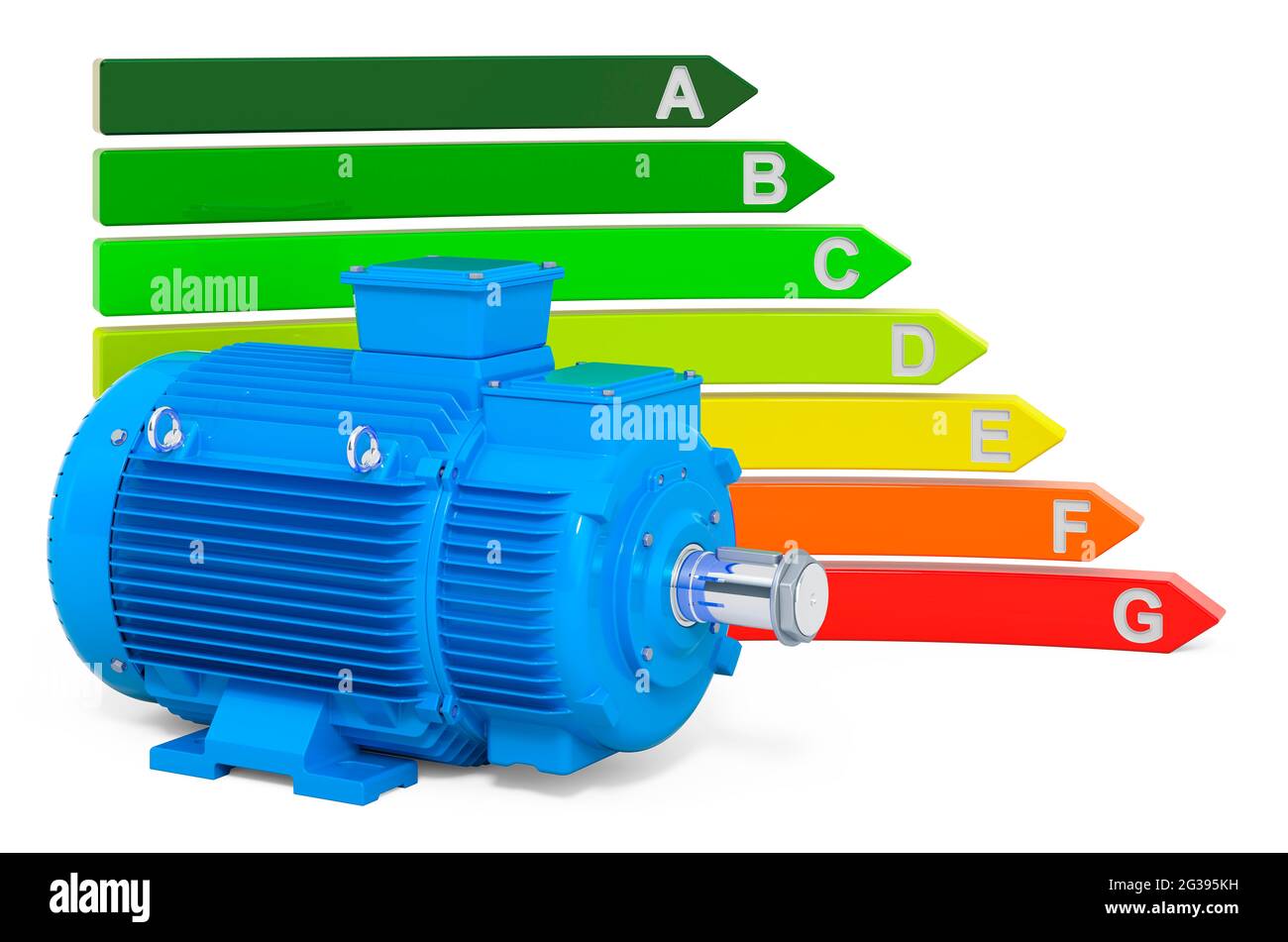Electric motor with energy efficiency chart, 3D rendering isolated on ...