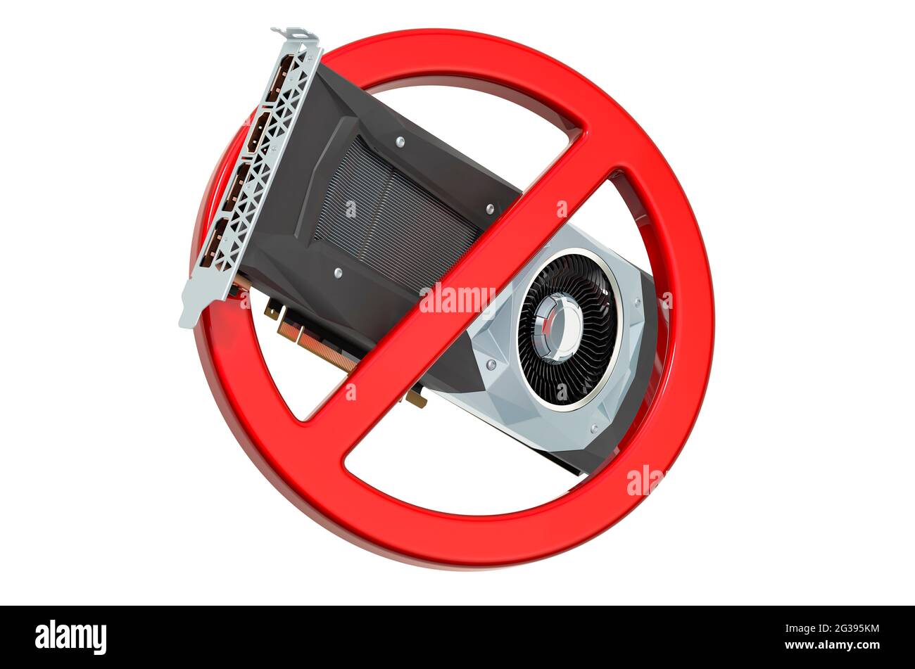 Prohibition sign with video card, GPU. 3D rendering isolated on white ...