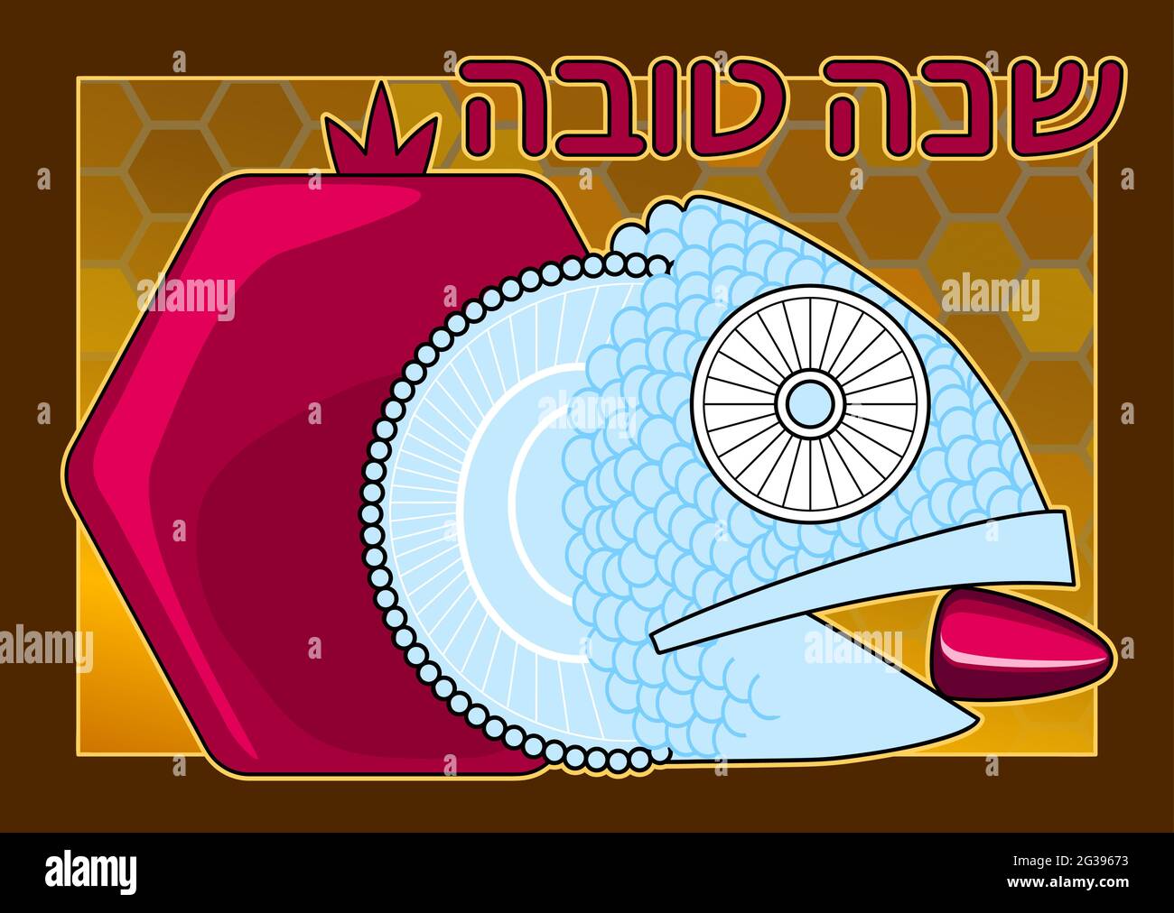 Happy Jewish New Year greeting card. Fish head, pomegranate fruit ...