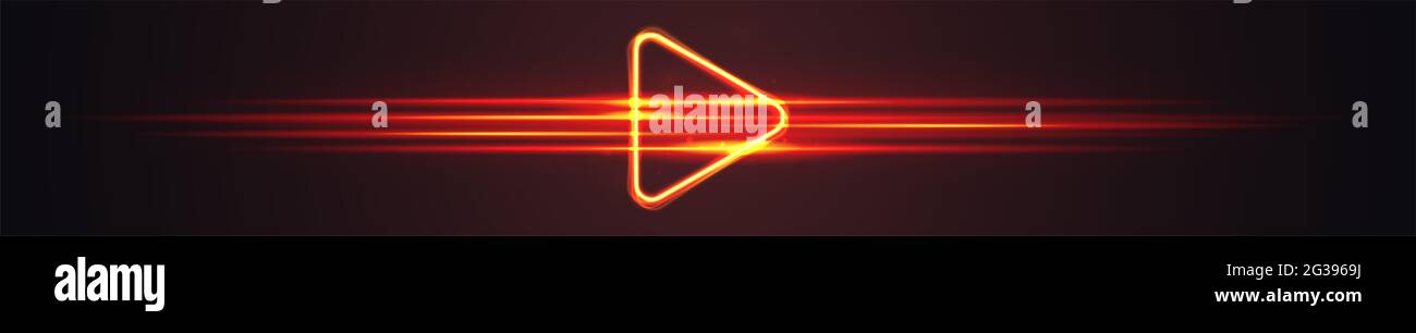 Wide gaming banner with glowing triangle play icon. Neon lights line ...