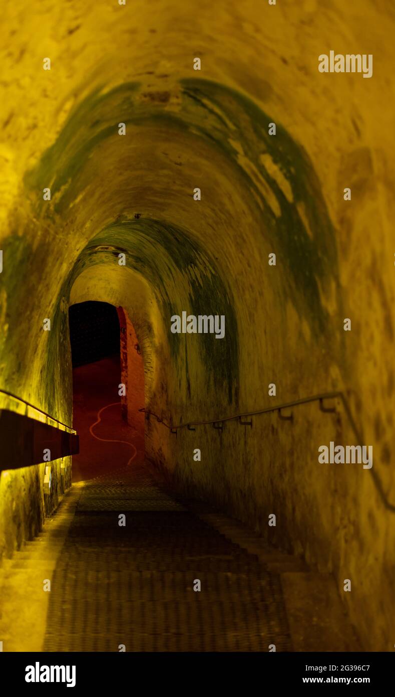 Champagne sparkling wine production in dark underground cellars, Reims ...