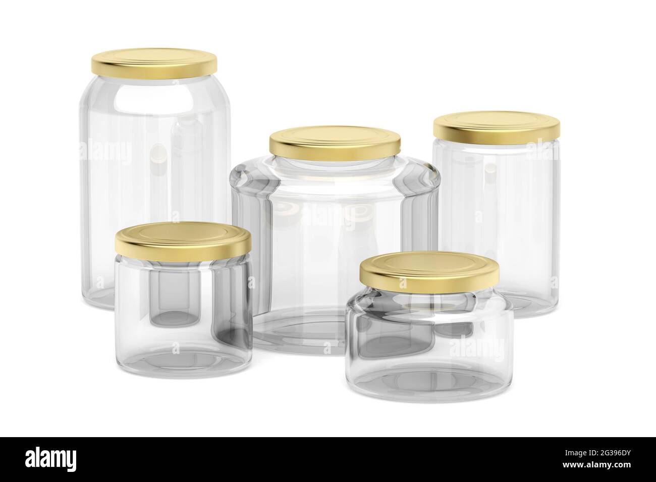Group of empty glass jars with different sizes on white background ...