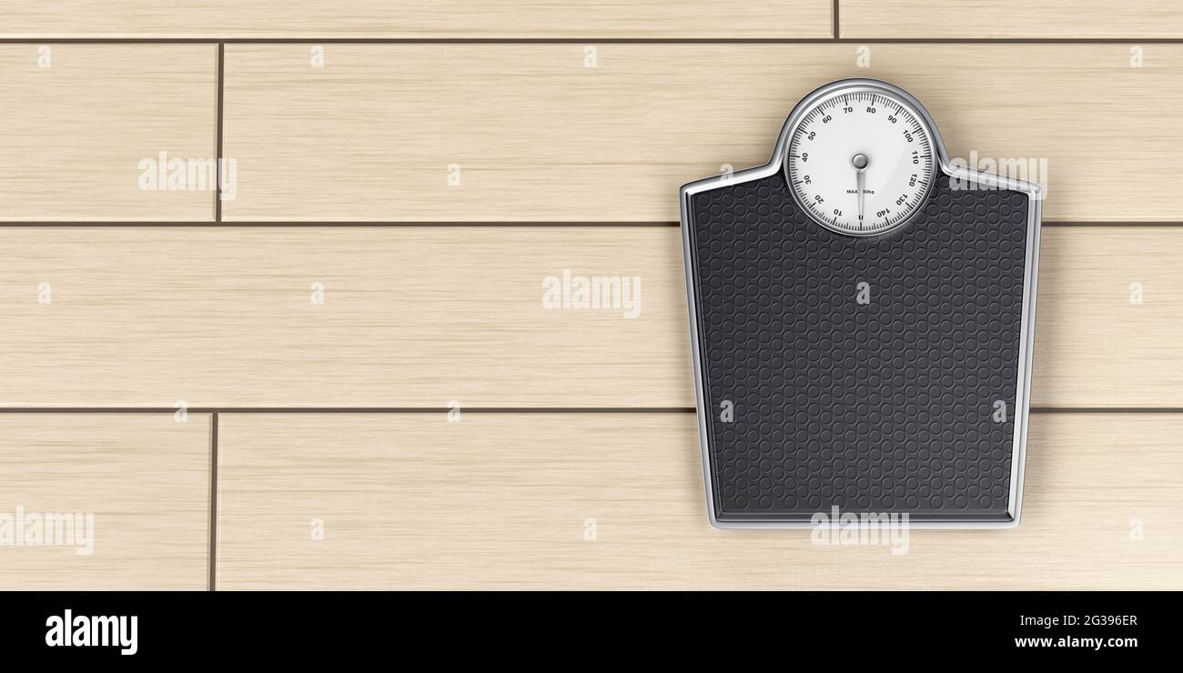 Mechanical weighing scale on wood floor, top view Stock Photo - Alamy