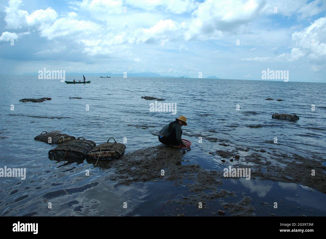 A woman washing crabs in a basket, at the beach, in Kep, Cambodia ...