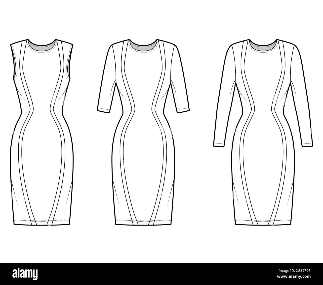 Set of Dresses panel technical fashion illustration with hourglass ...