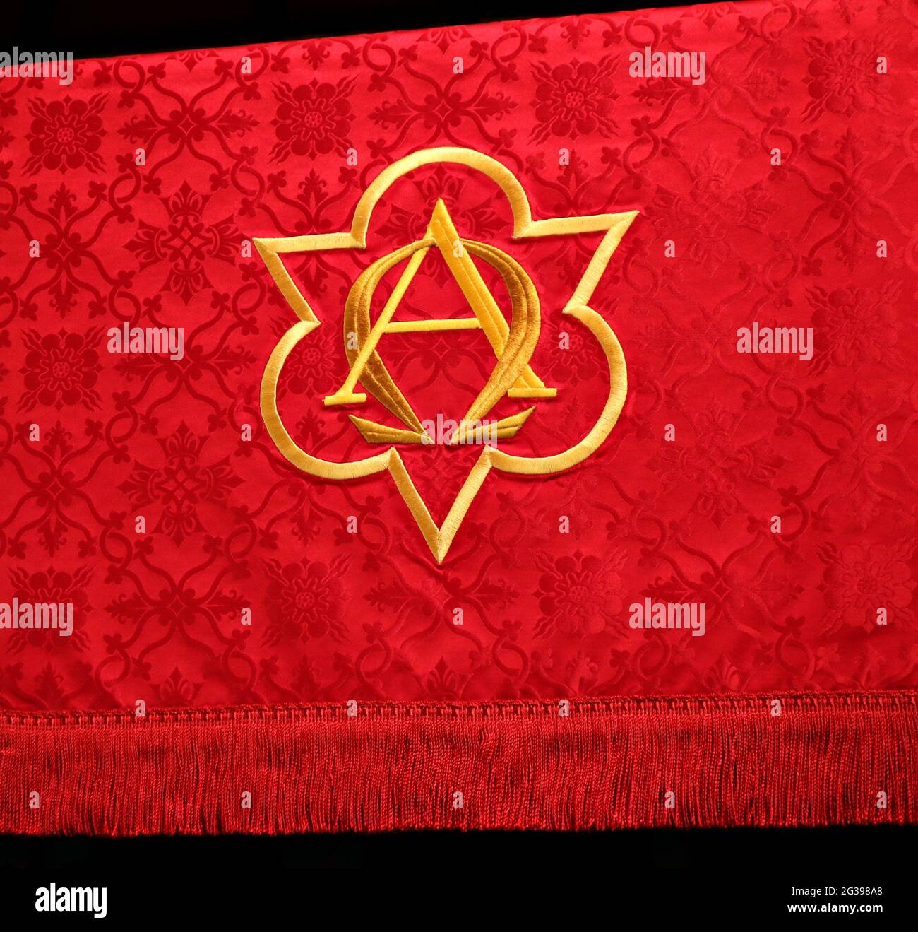 DESBORO, CANADA - Feb 27, 2019: Close-up of red Pentecost lectern ...