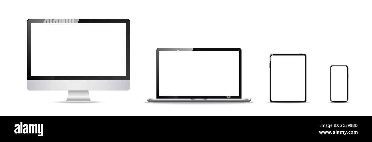 Computer, laptop, tablet, phone. Mockup collection on white backdrop ...