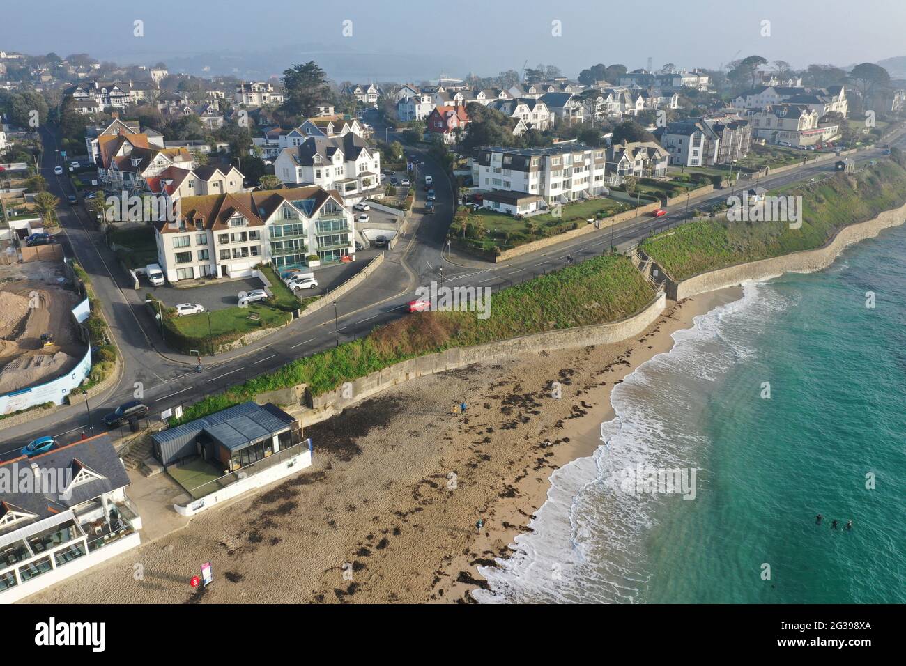 Falmouth, seaside town in Cornwall, UK, aerial view of coast and beach ...