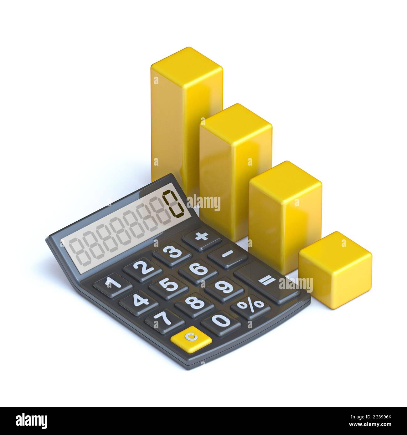 Calculator and yellow chart 3D render illustration isolated on white ...