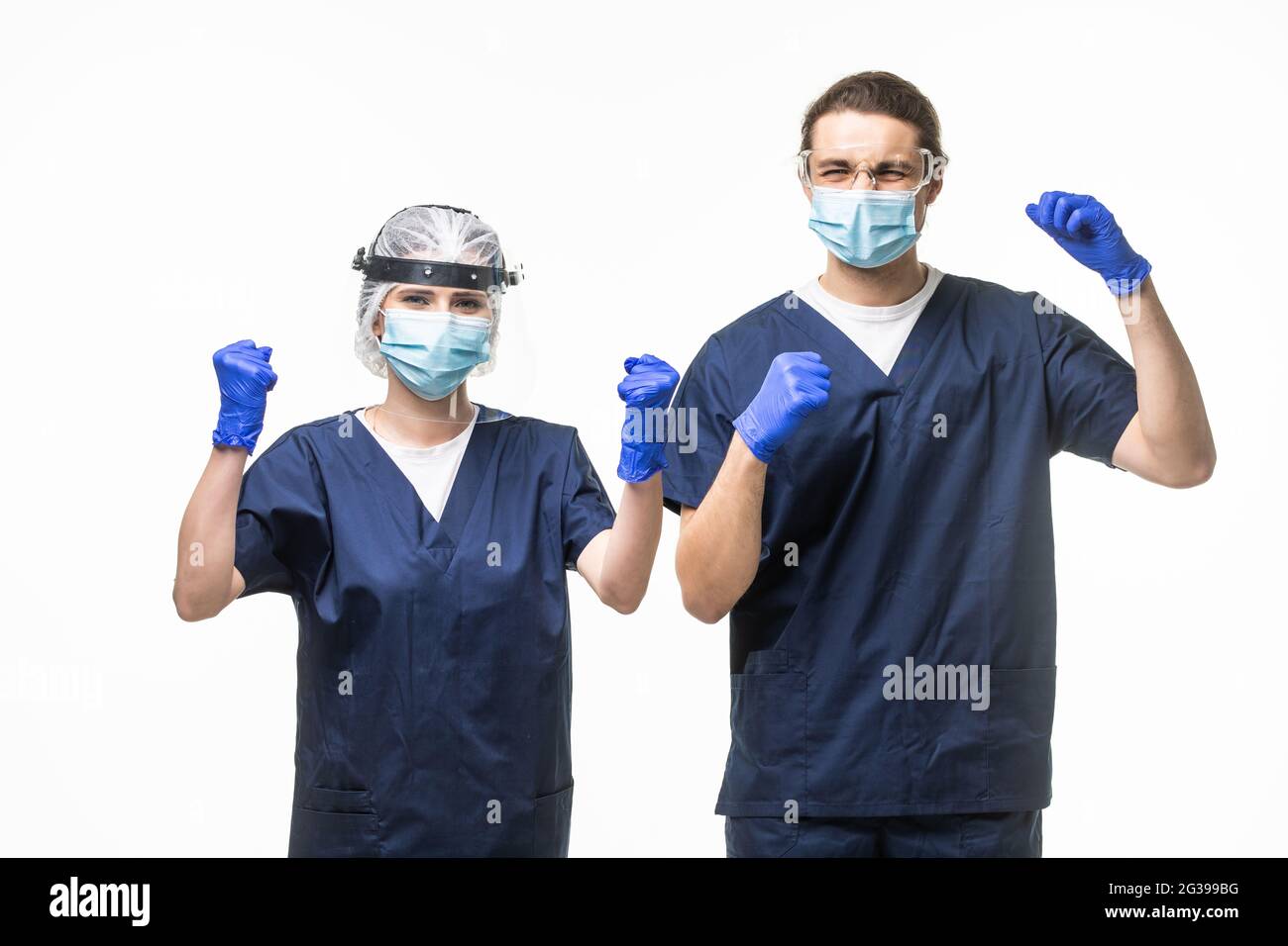 Happy and cheerful doctors act like winners and celebrate successful ...