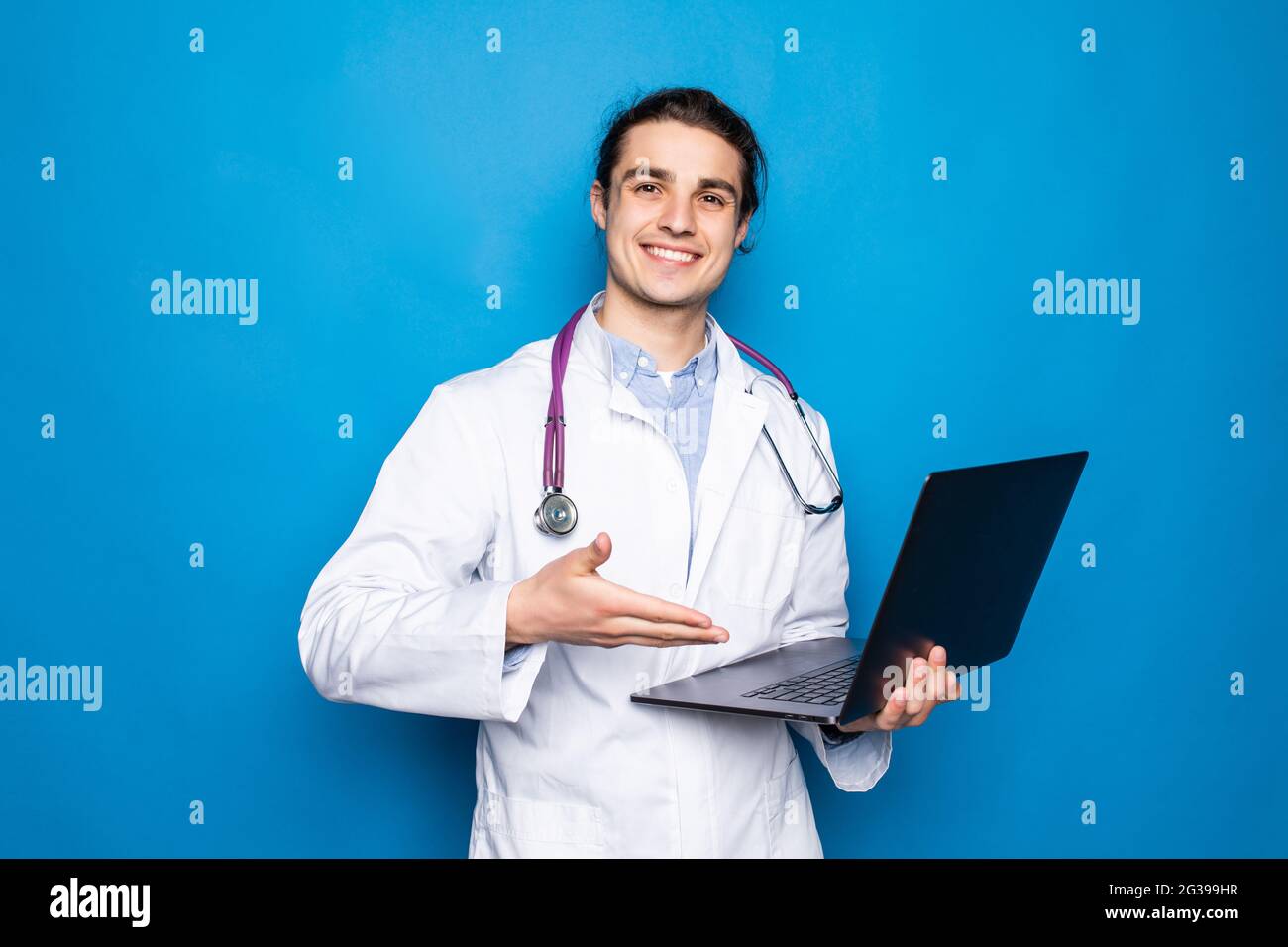 Male on-line doctor man in medical gown sterile face mask gloves ...