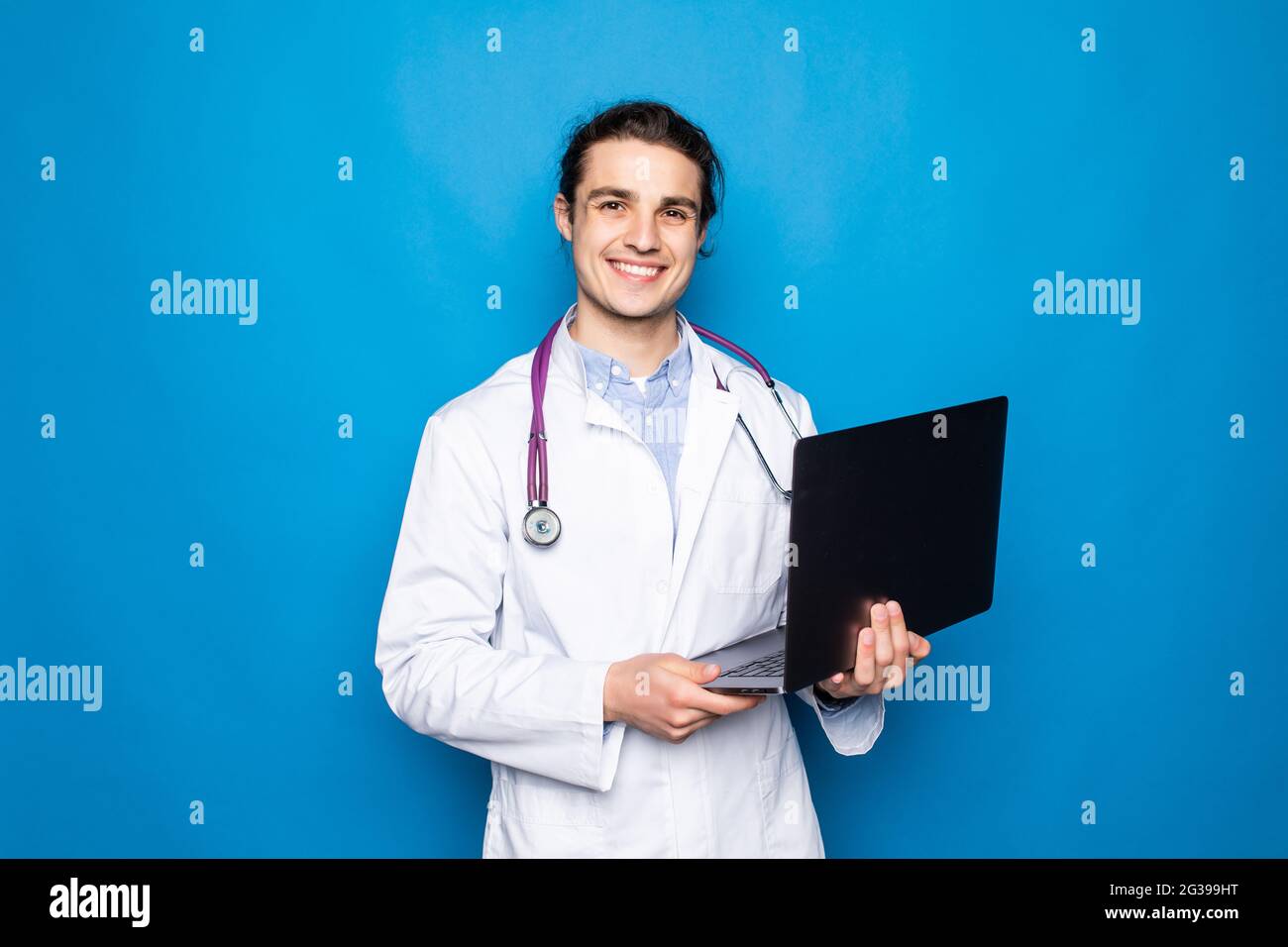 Male on-line doctor man in medical gown sterile face mask gloves ...