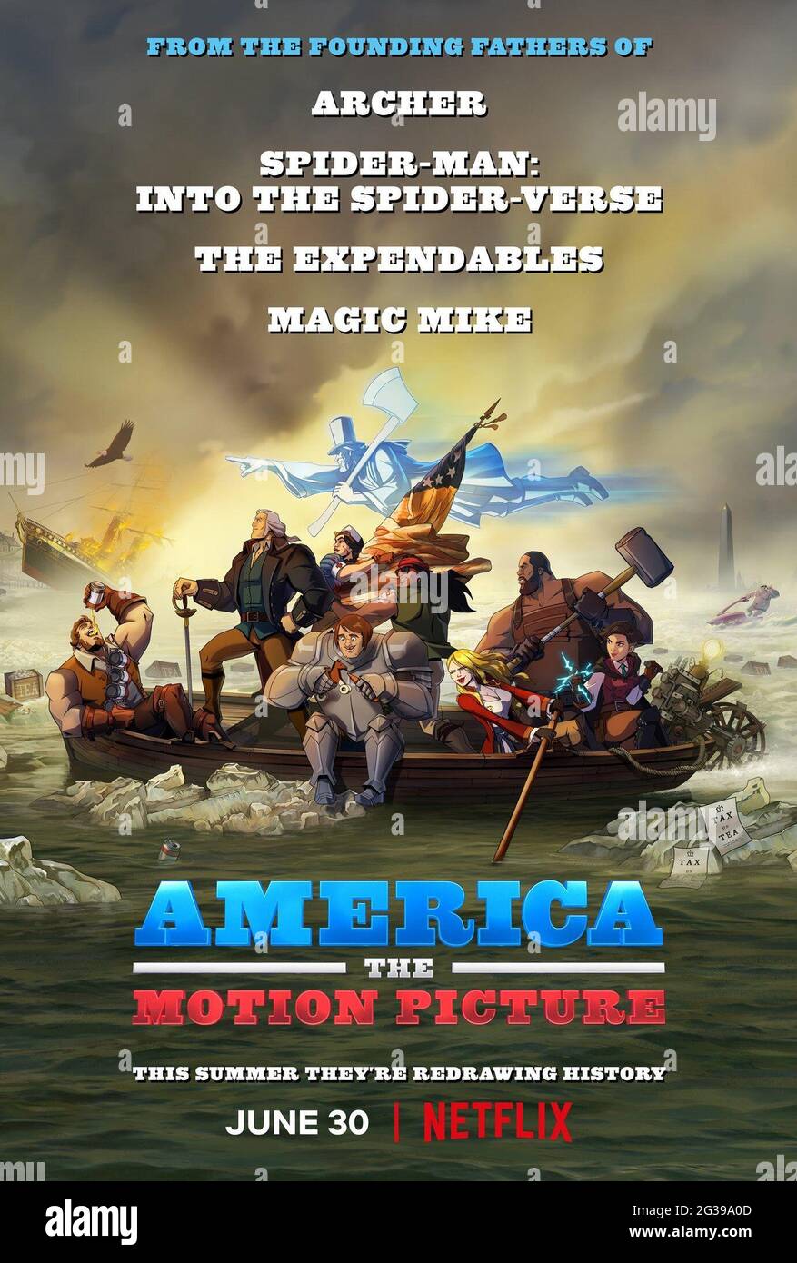 AMERICA: THE MOTION PICTURE, US poster, standing in boat, from left ...