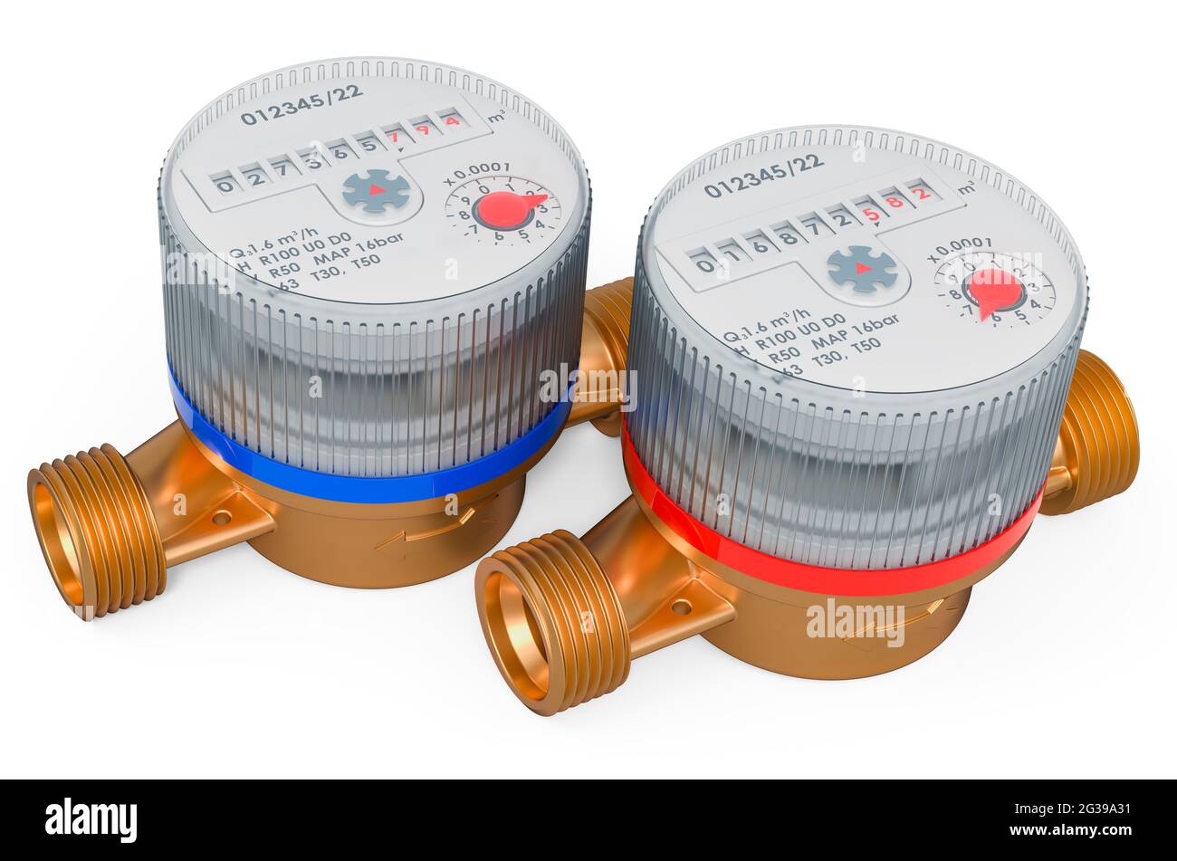 Cold and hot water meters, 3D rendering isolated on white background ...