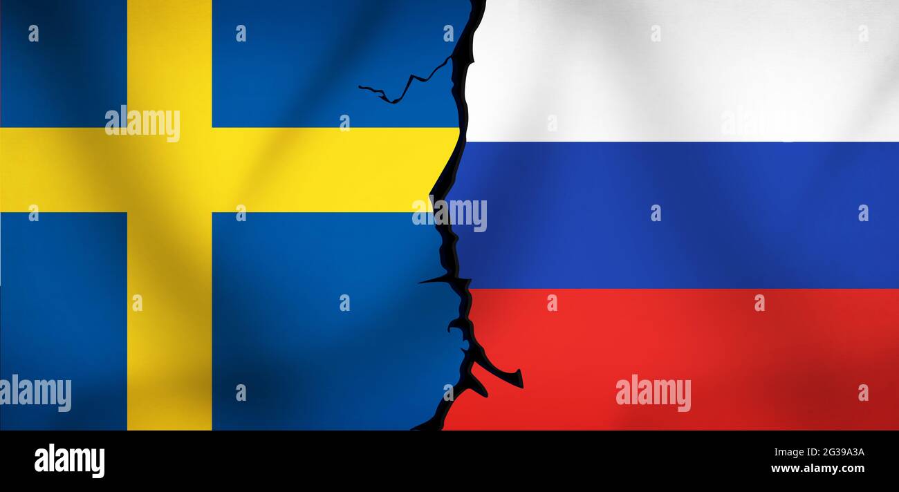 Russia and Sweden War and Conflict Representation Flags with Crack in ...