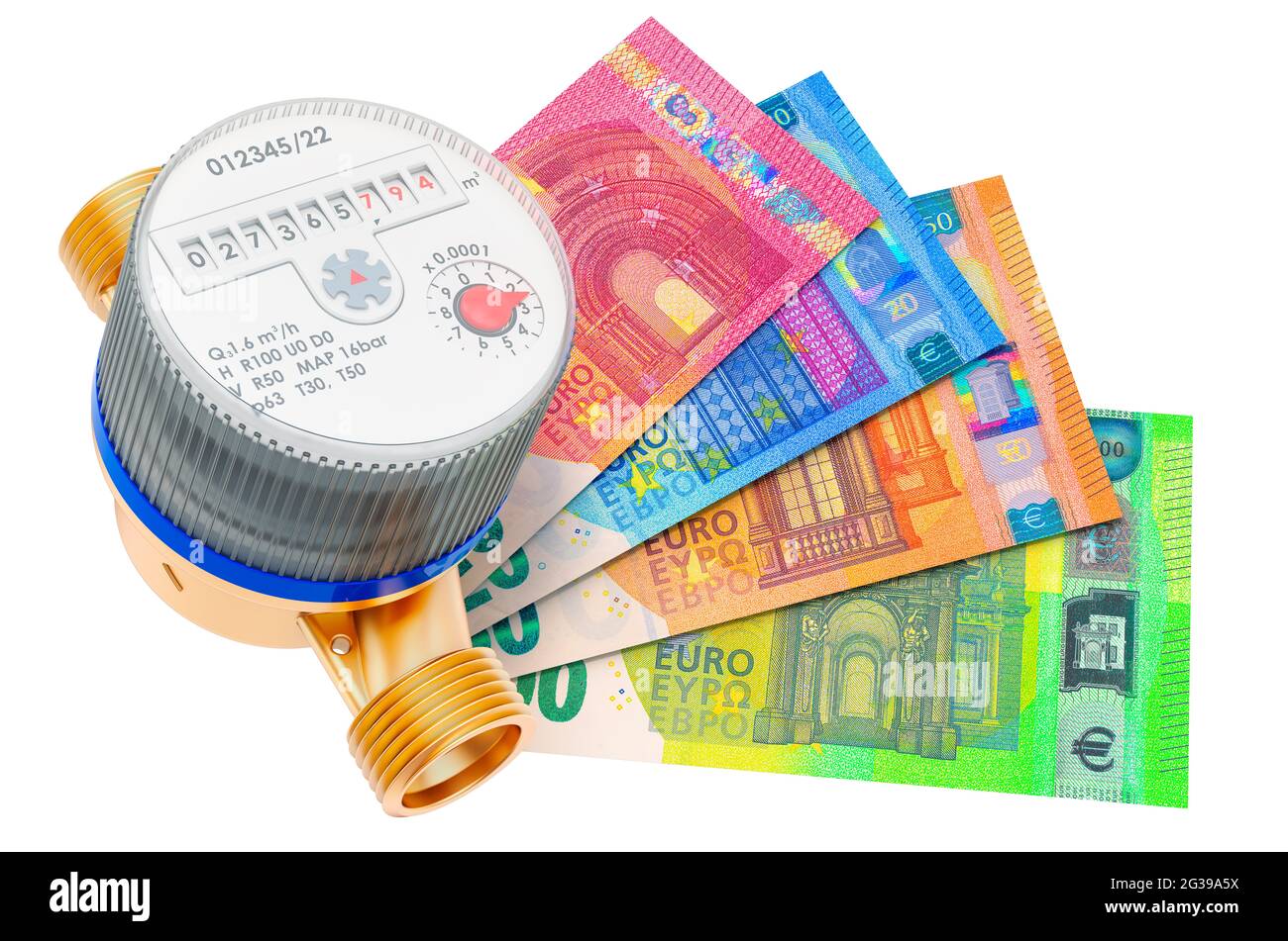 Cold water meter with euro money. Water consumption, cost of utilities ...