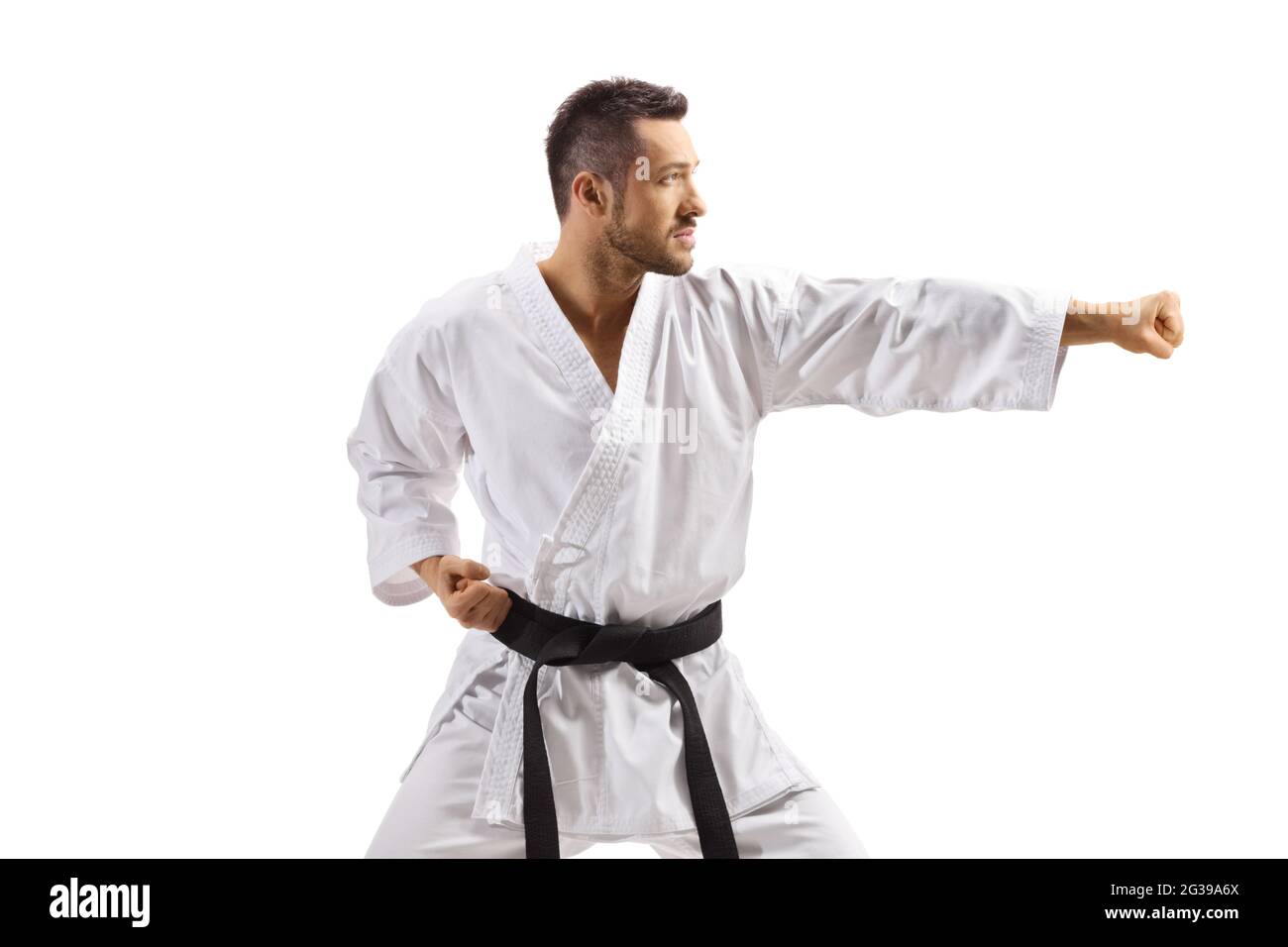 Man in kimono exercising karate isolated on white background Stock ...