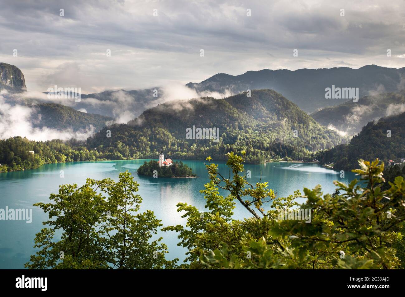 Aerial view of lake Bled in Slovenia with a castle in the middle Stock ...