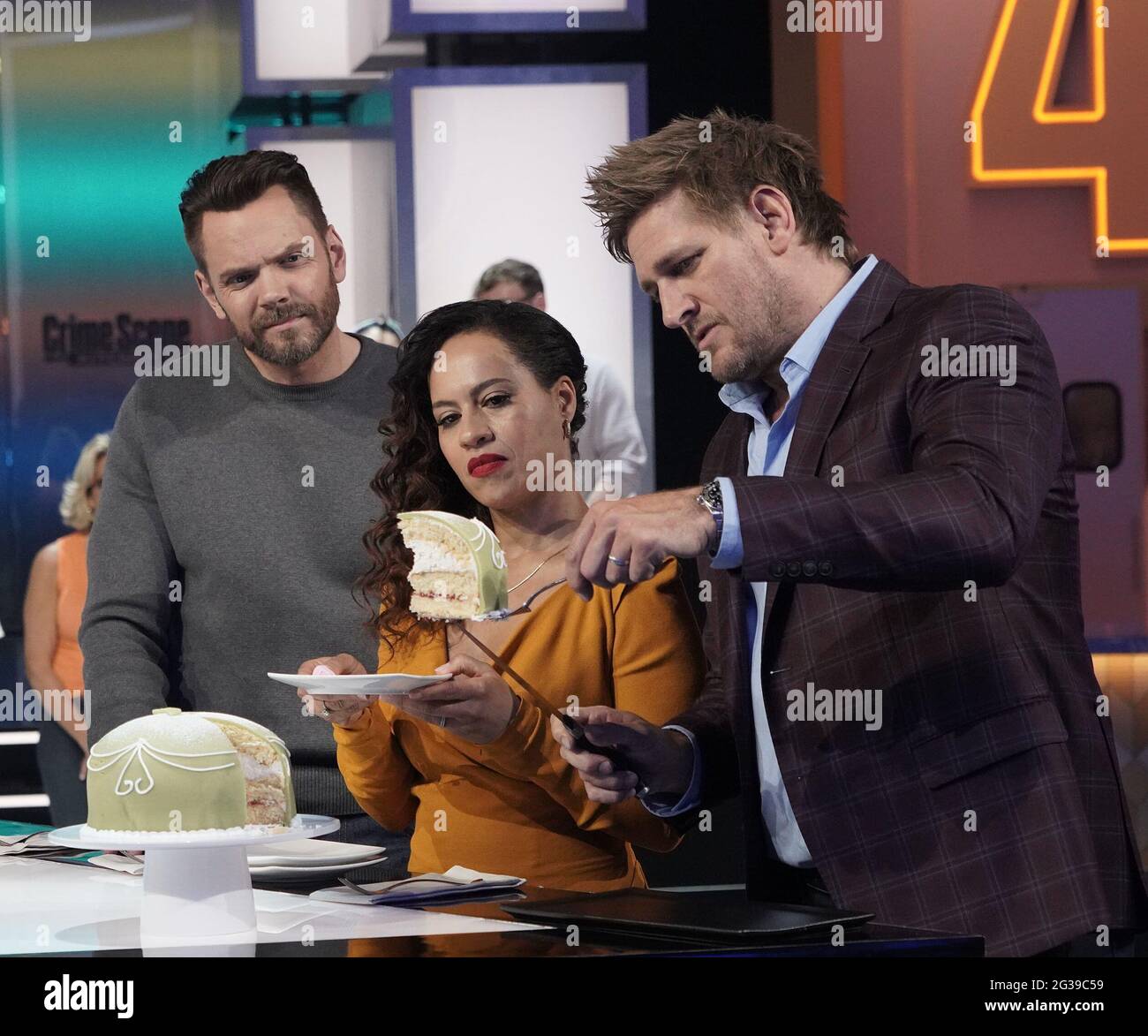 CRIME SCENE KITCHEN, from left: host Joel McHale, judges Yolanda Gampp ...