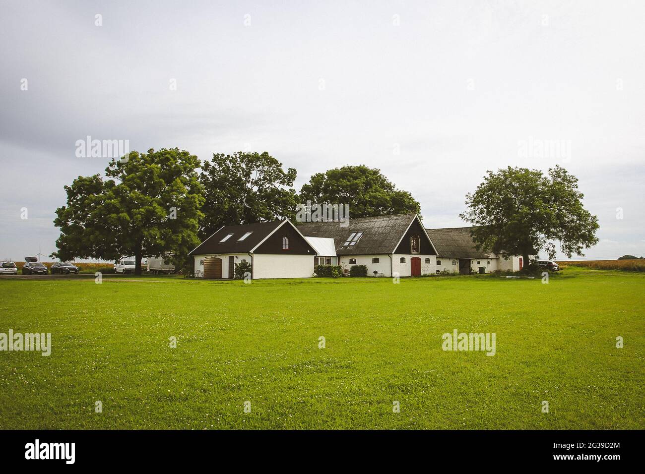 View of rural houses and picturesque trees in a green open field Stock ...