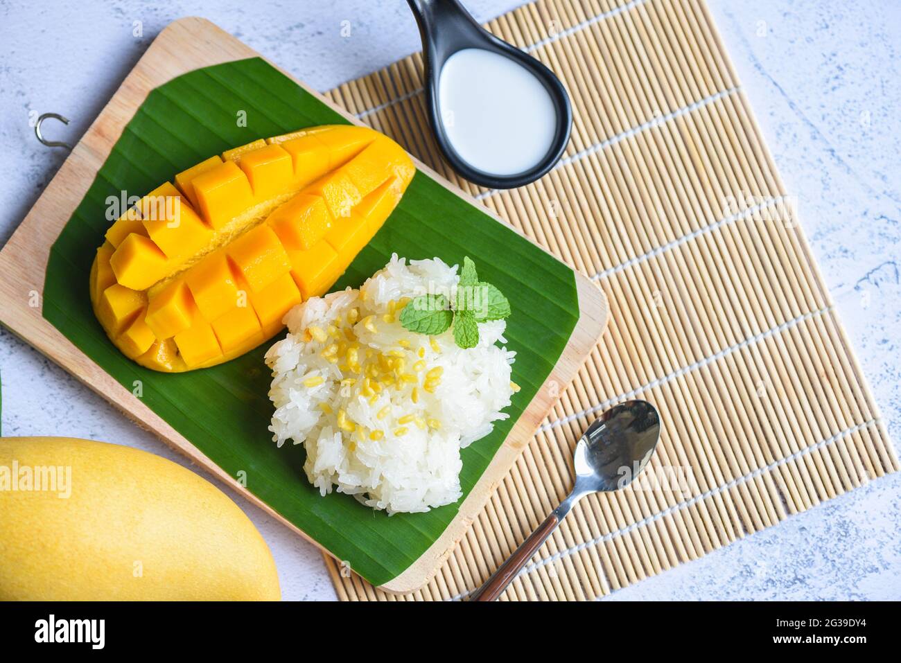 Ripe mango rice cooked with coconut milk, Sticky rice summer tropical ...