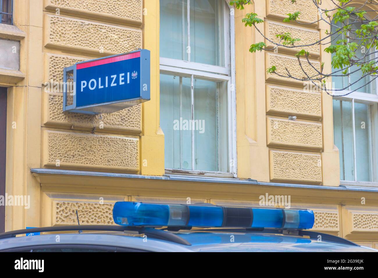 Austrian federal police car lights on the street in front of the police ...