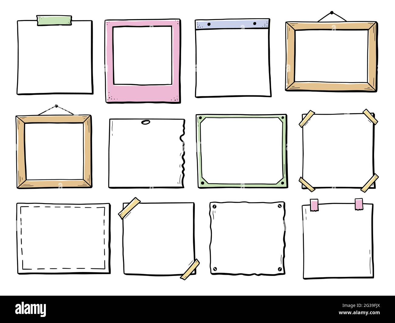 Hand drawn set of paper sticker, photo frame, picture border. Doodle ...