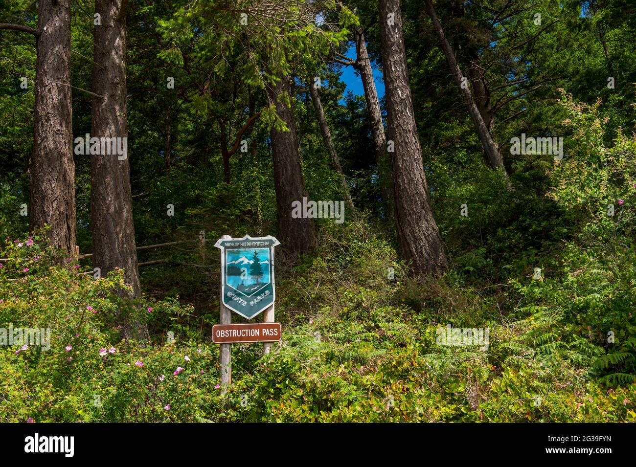 The Obstruction Pass State Park sign near the beach on Orcas Island in ...