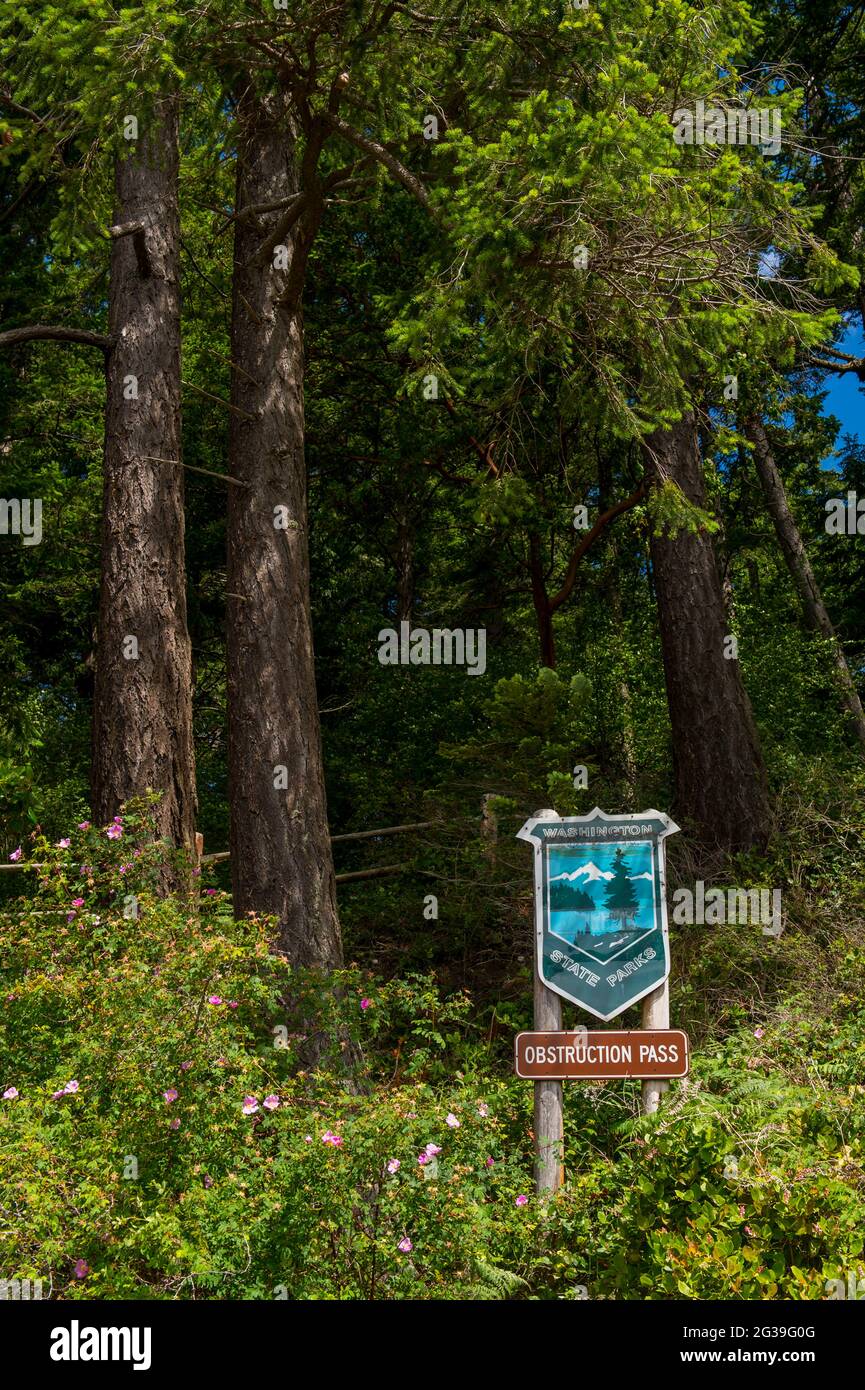 The Obstruction Pass State Park sign near the beach on Orcas Island in ...