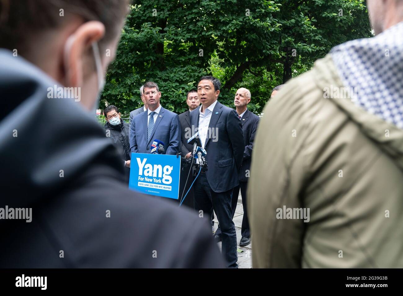 New York, NY - June 14, 2021: Mayoral candidate Andrew Yang receives ...