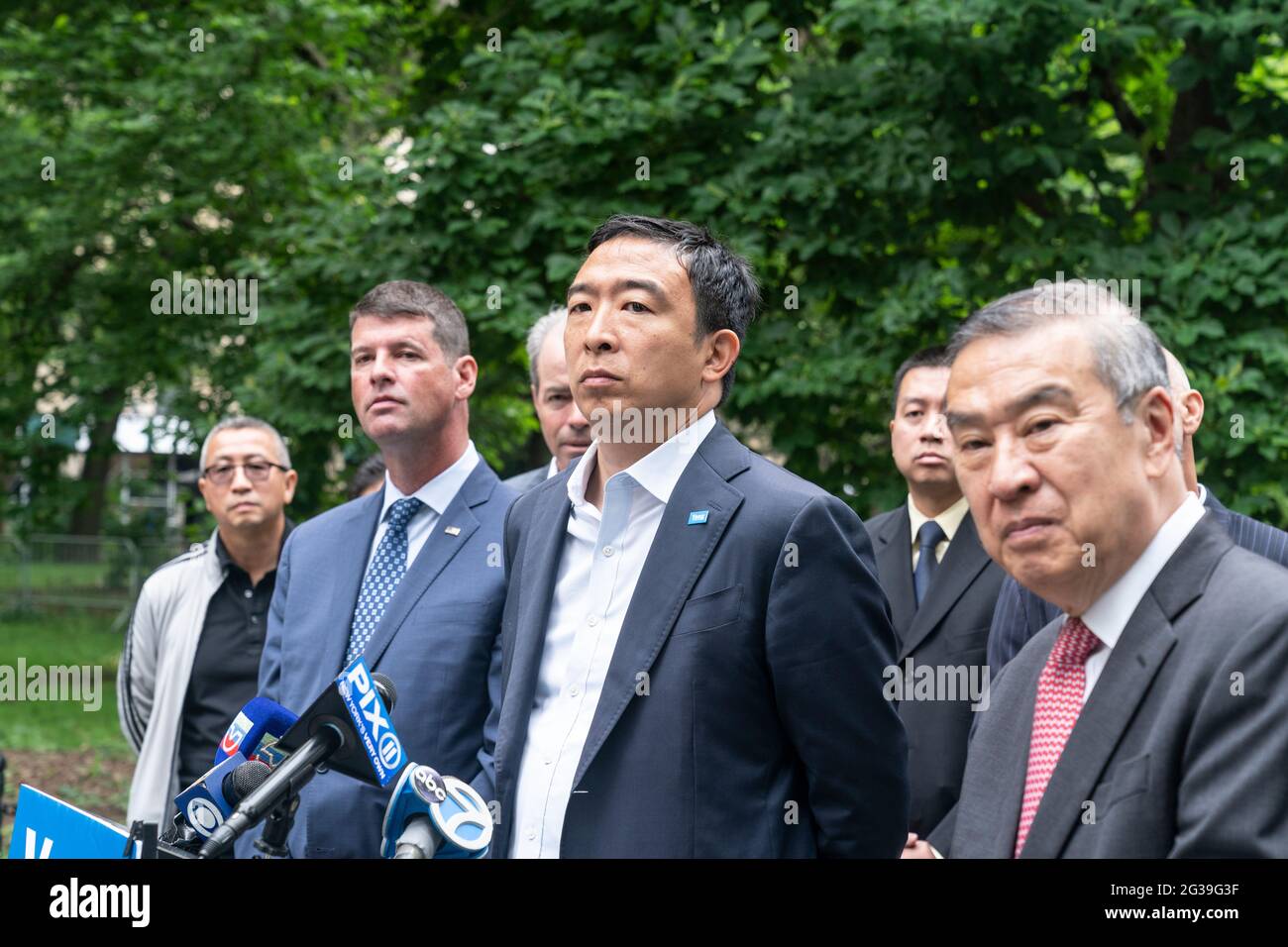 New York, NY - June 14, 2021: Mayoral candidate Andrew Yang receives ...