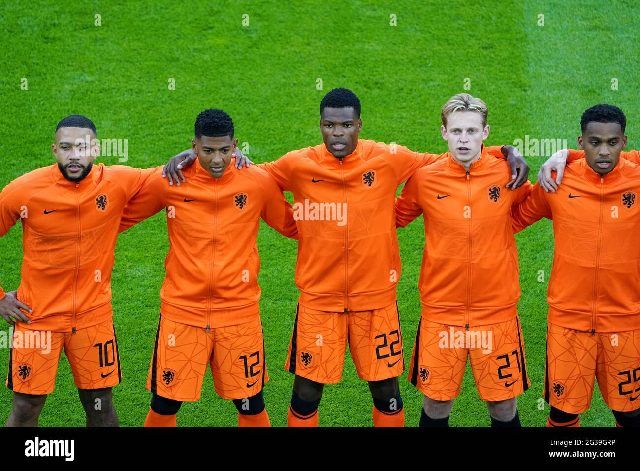 L-R Memphis Depay, Patrick van Aanholt, Denzel Dumfries, Frenkie de ...